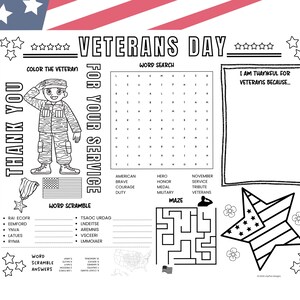 Veterans Day Placemat Activity Page Printable, Word Search, Maze, Word ...