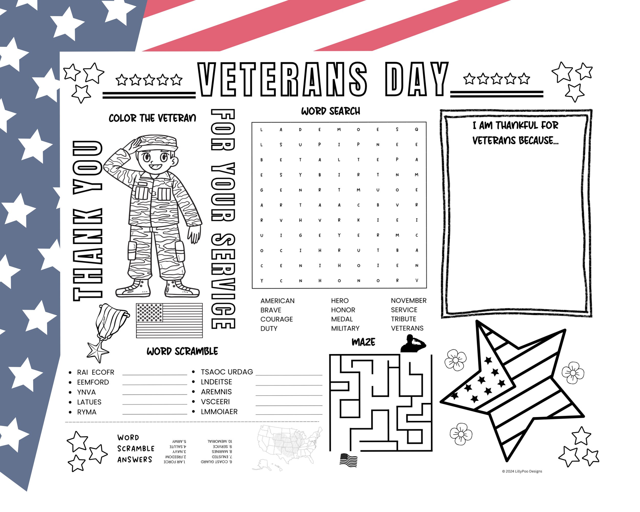 Veterans Day Placemat Activity Page Printable, Word Search, Maze, Word ...