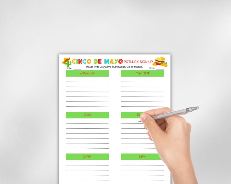 Cinco De Mayo Potluck Sign up Sheet Printable, Mexican Fiesta Potluck ...