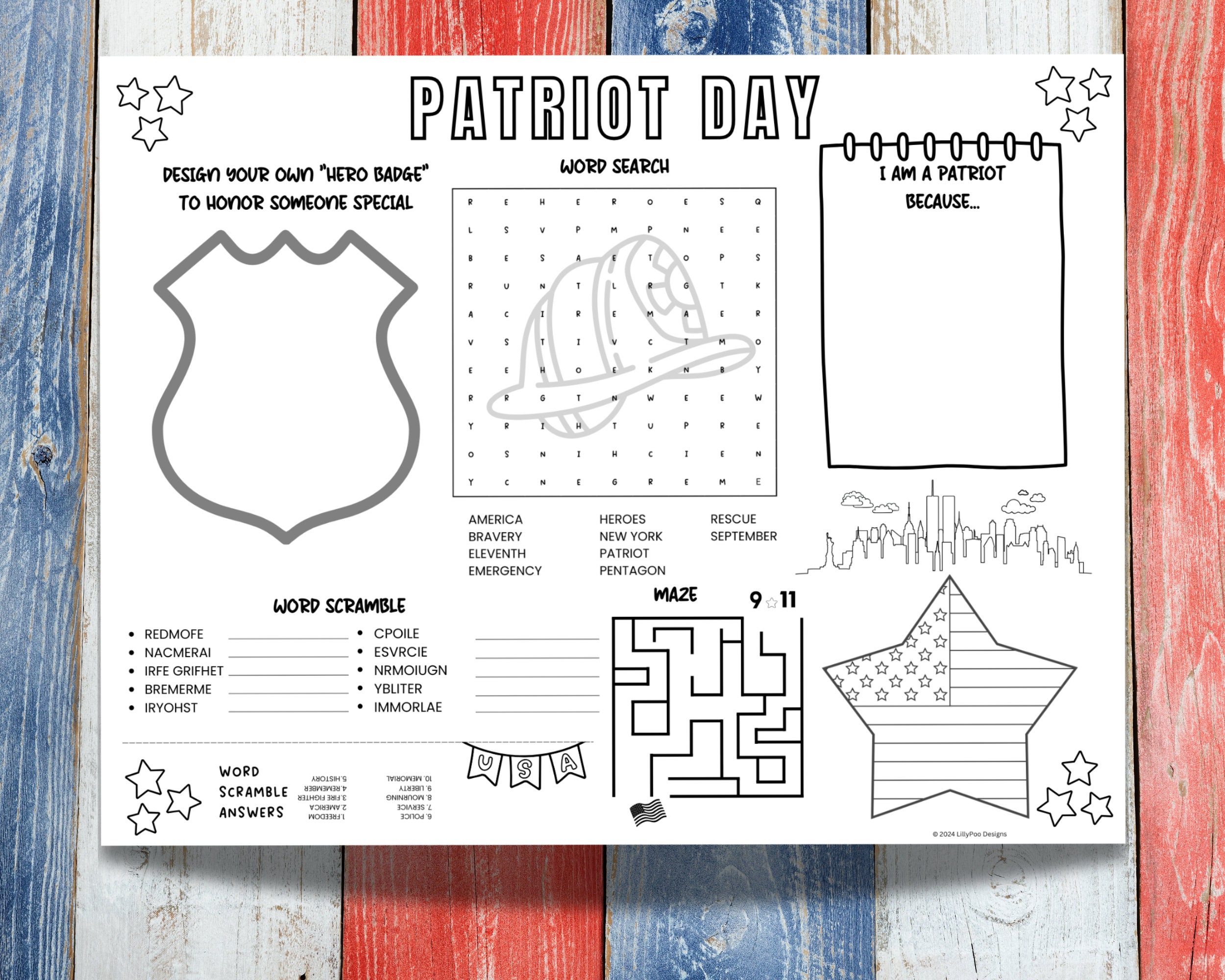 Patriot Day Activity Page Printable Placemat, 9/11 Remembrance Day ...
