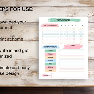 Responsibility Chore Chart for Kids Editable Printable, Daily Weekly ...