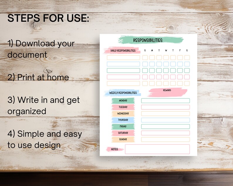 Responsibility Chore Chart for Kids Editable Printable, Daily Weekly ...