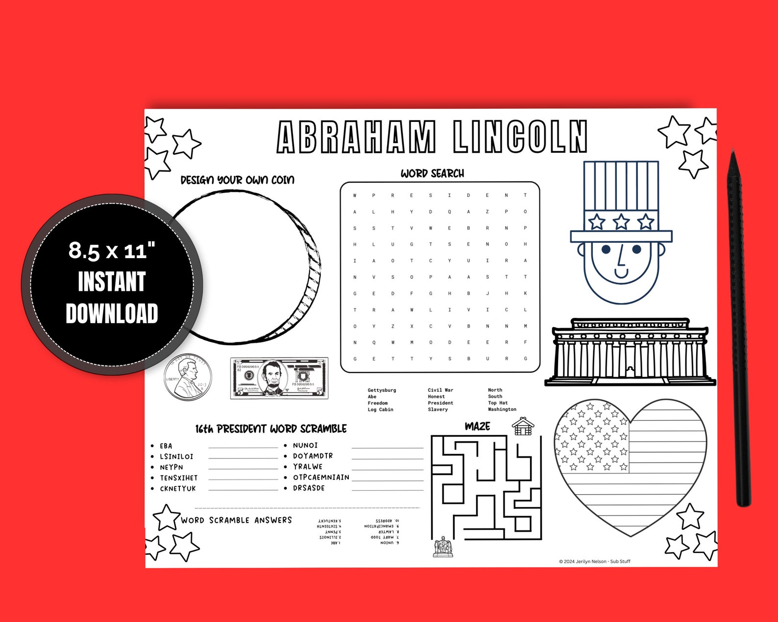 Presidents Day Activity Printable, Abraham Lincoln Coloring Sheet, Word ...