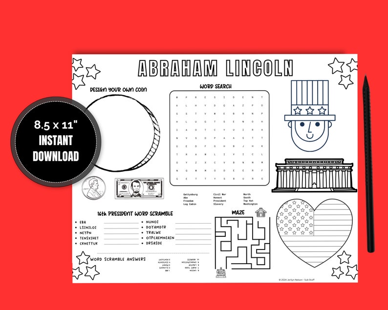 Presidents Day Activity Printable, Abraham Lincoln Coloring Sheet, Word ...