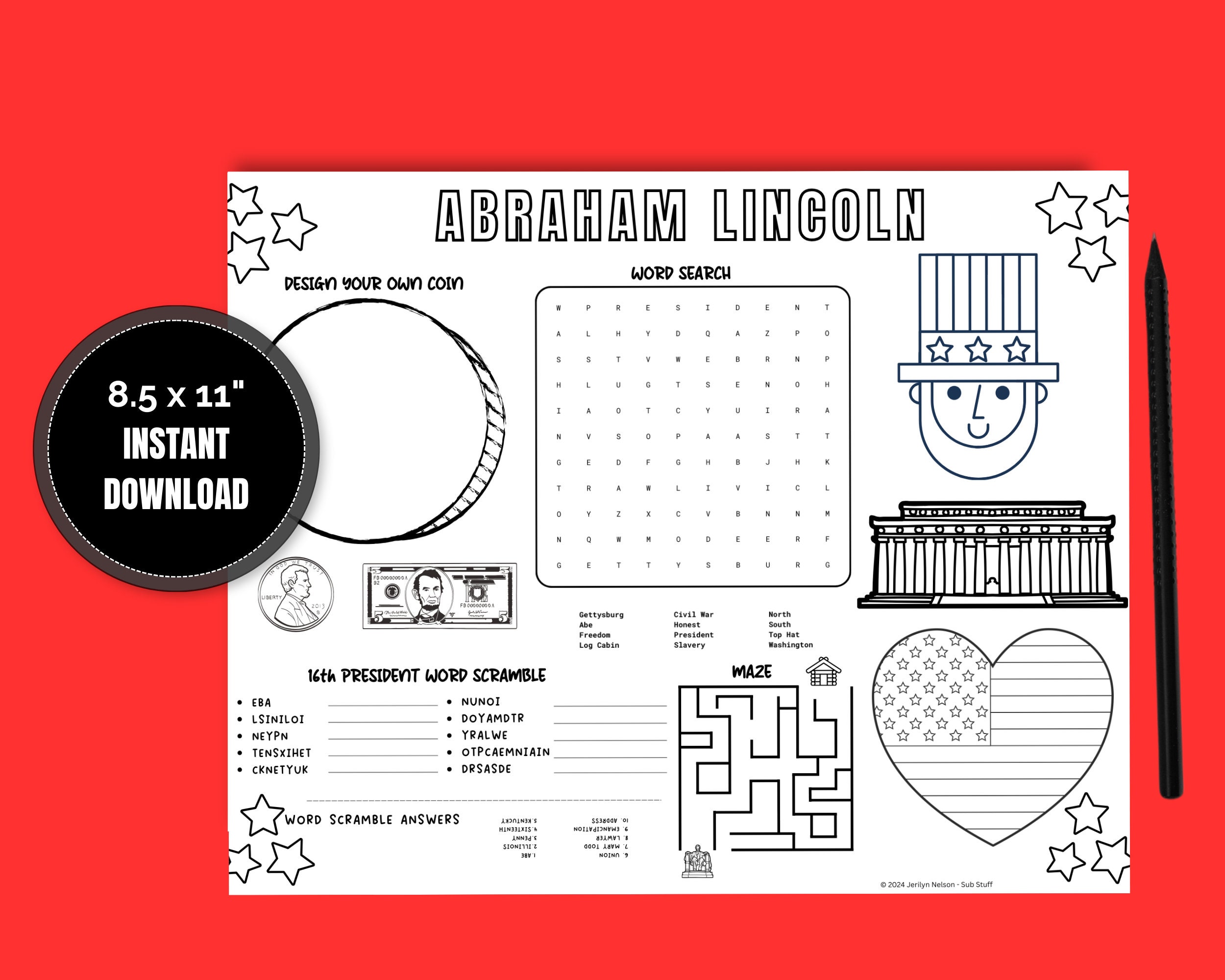 Presidents Day Activity Printable, Abraham Lincoln Coloring Sheet, Word ...