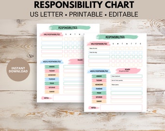 Editable Responsibility Chore Chart for Kids Teens, Daily Weekly Reward ...