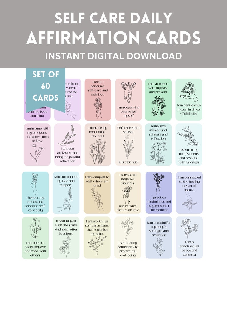 Daily Affirmation Cards Printable Pdf, Set of 60, Self Love, Self Care ...