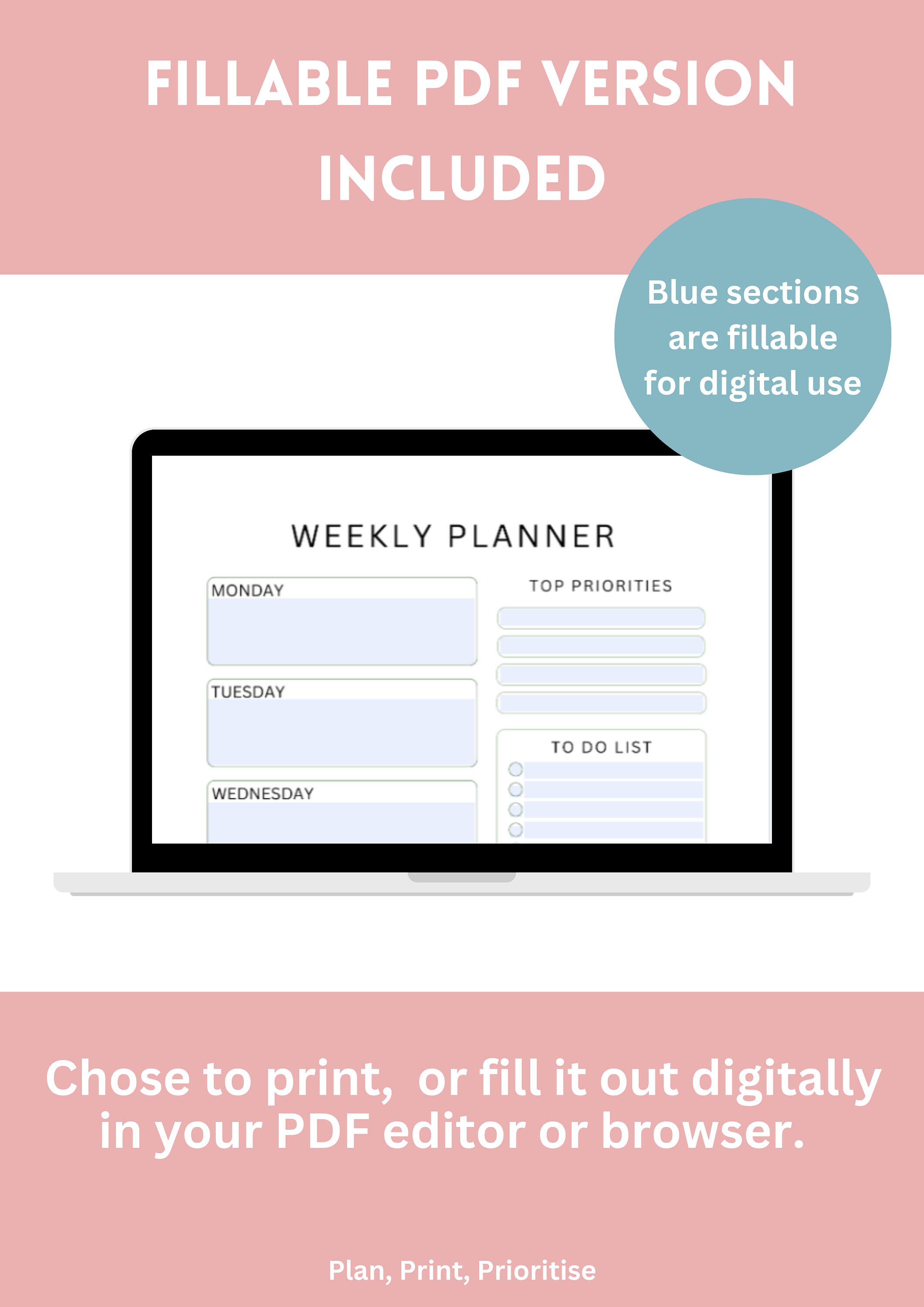 7 Day Planner Printable and Fillable PDF, Simple Planner, Personal ...