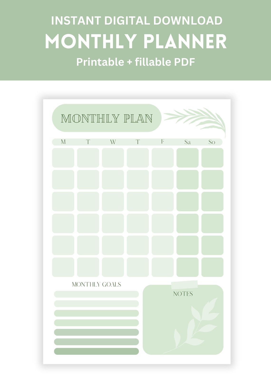 Monthly Plan Printable and Fillable PDF, Green Planner, Personal ...