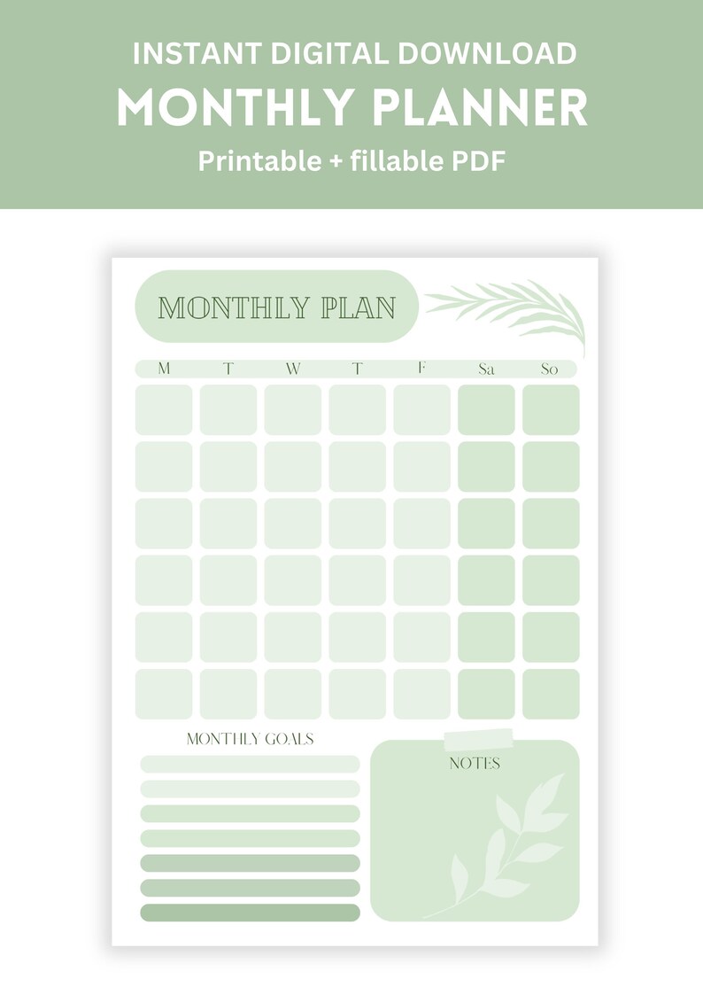 Monthly Plan Printable and Fillable PDF, Green Planner, Personal ...