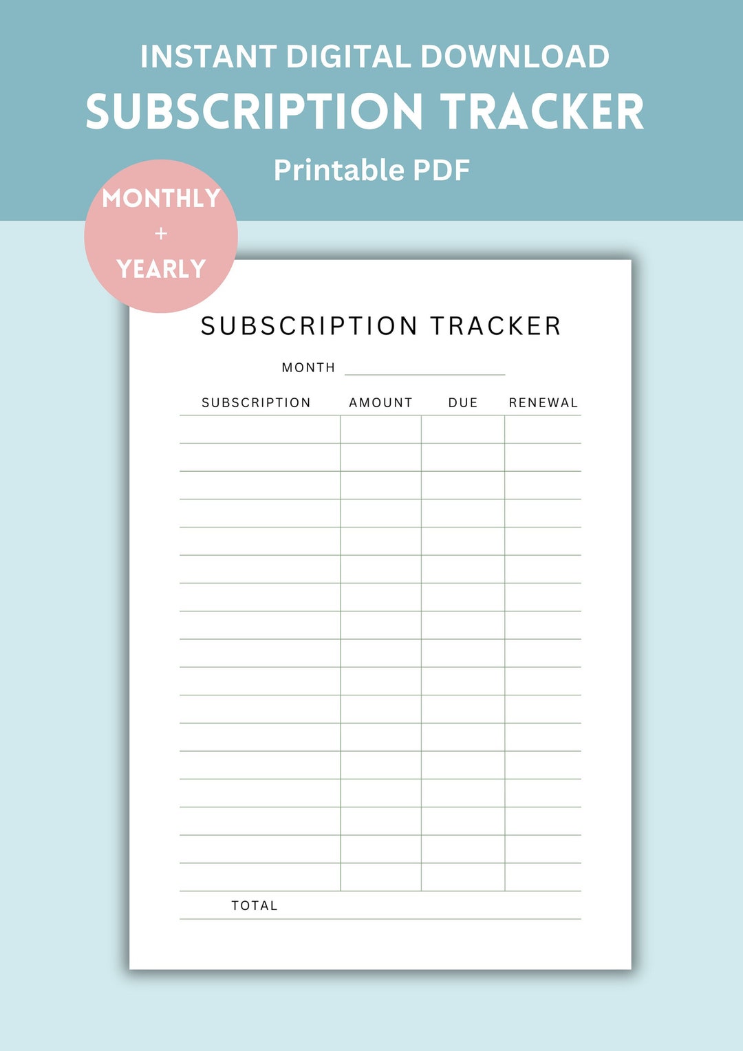 Subscription Tracker Printable Pdf Download, Monthly Subscriptions List ...