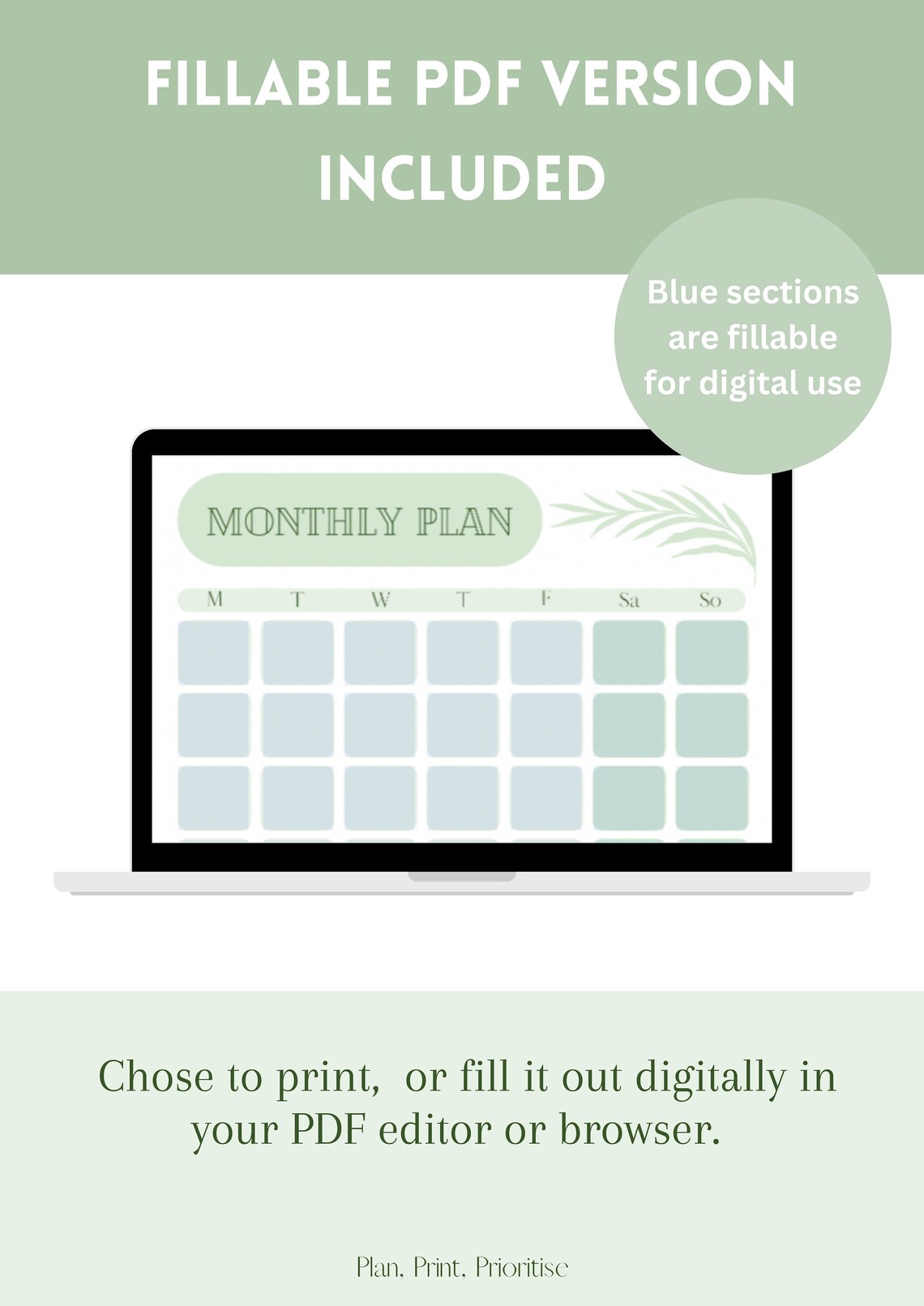 Monthly Plan Printable and Fillable PDF, Green Planner, Personal ...