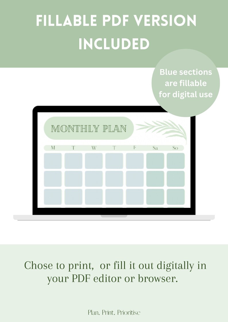Monthly Plan Printable and Fillable PDF, Green Planner, Personal ...