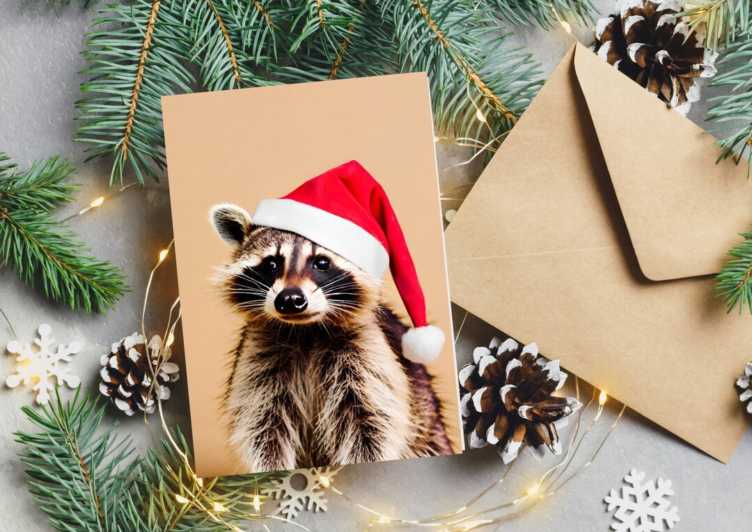 Printable Christmas Card Raccoon, Instant Digital Download, Merry ...