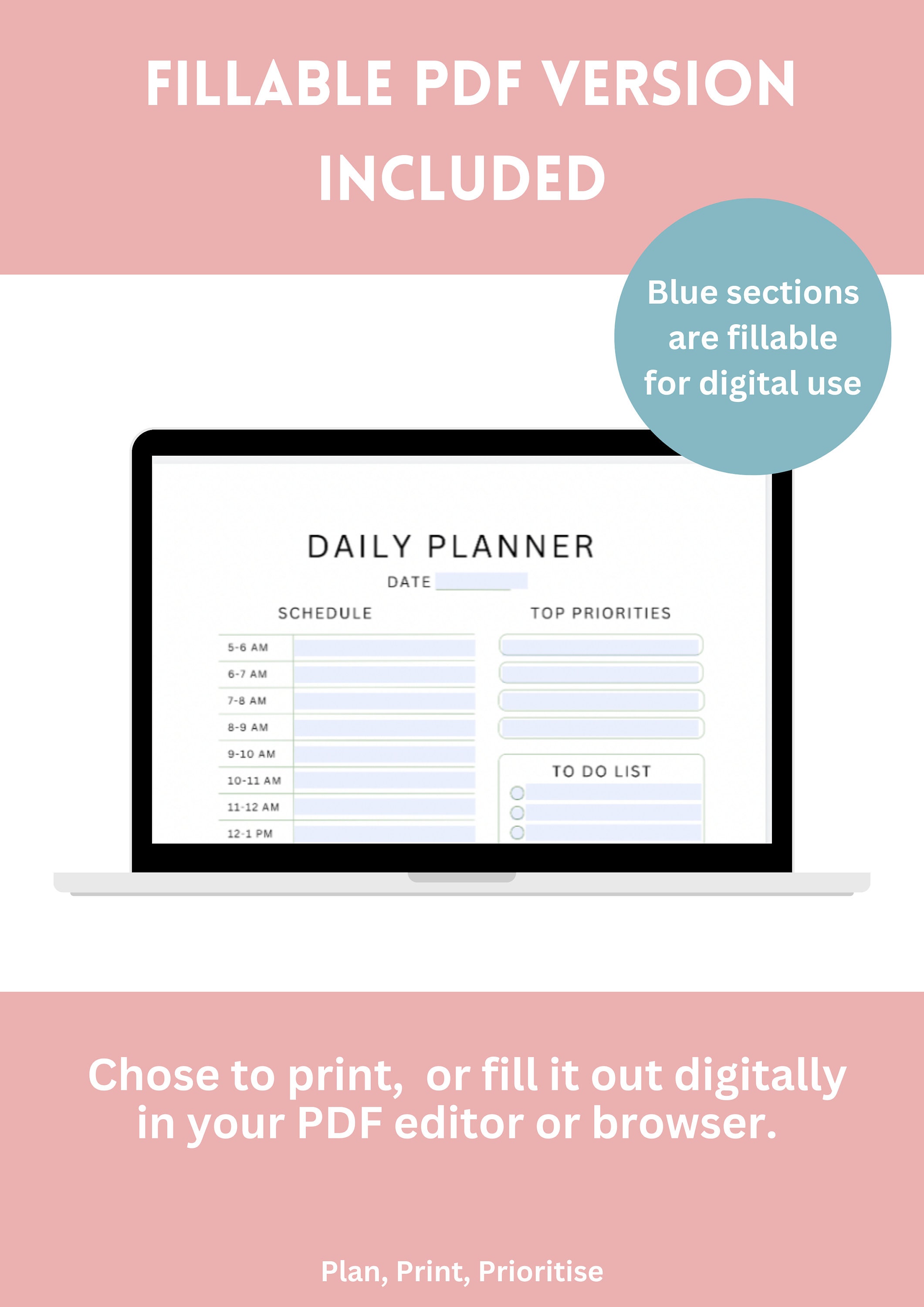 5am Daily Planner Printable and Fillable PDF, Basic Planner, Personal ...