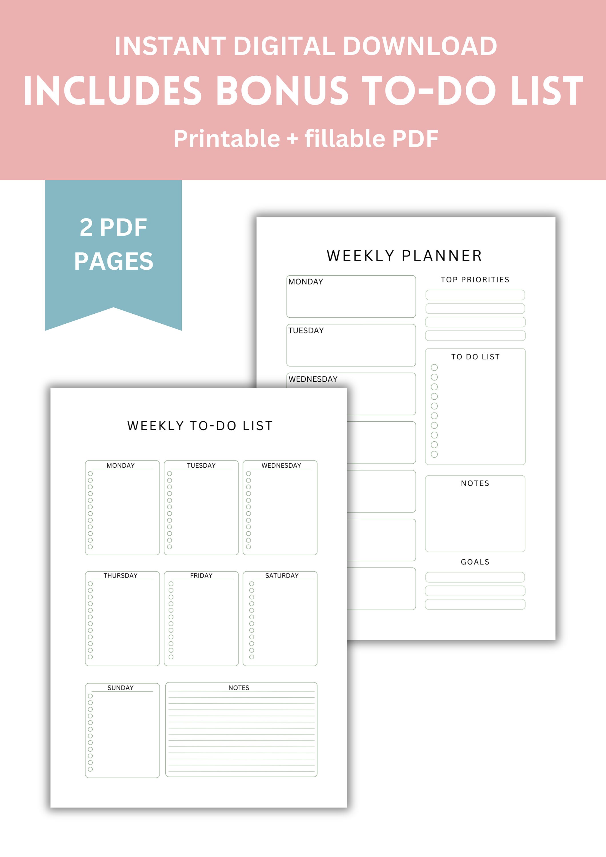 7 Day Planner Printable and Fillable PDF, Simple Planner, Personal ...
