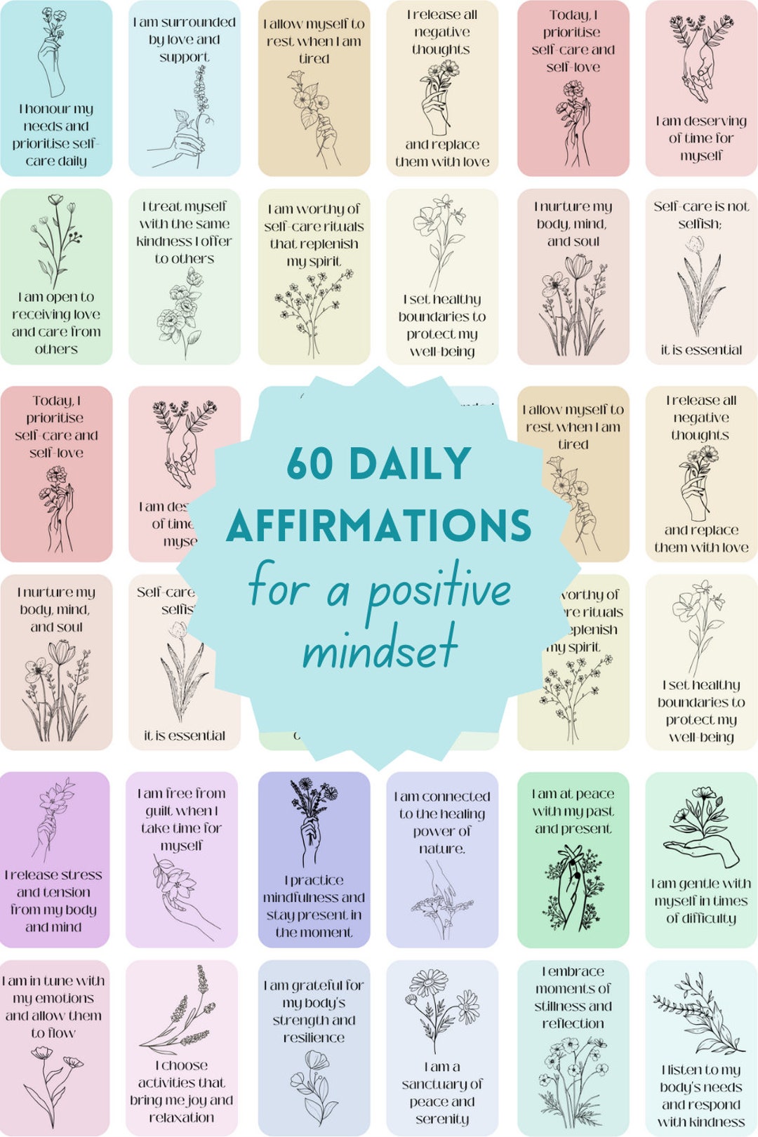 Daily Affirmation Cards Printable Pdf, Set of 60, Self Love, Self Care ...