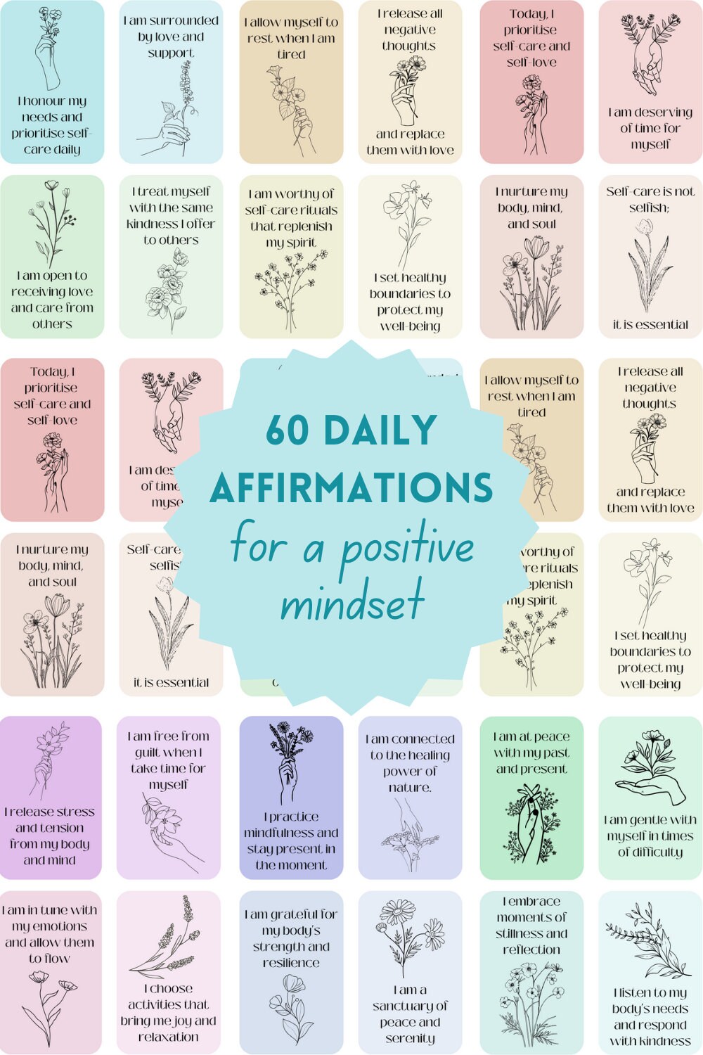 Daily Affirmation Cards Printable Pdf, Set of 60, Self Love, Self Care ...