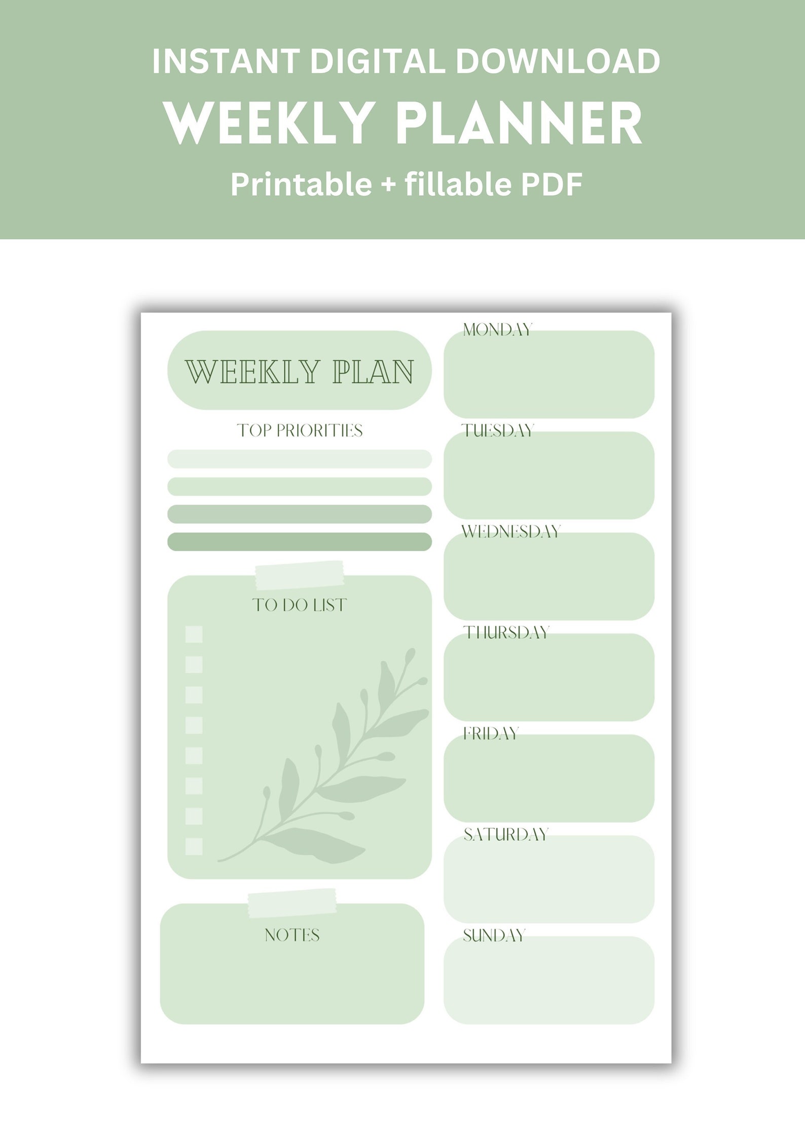 Weekly Planner Printable and Fillable PDF, Green Planner, Personal ...