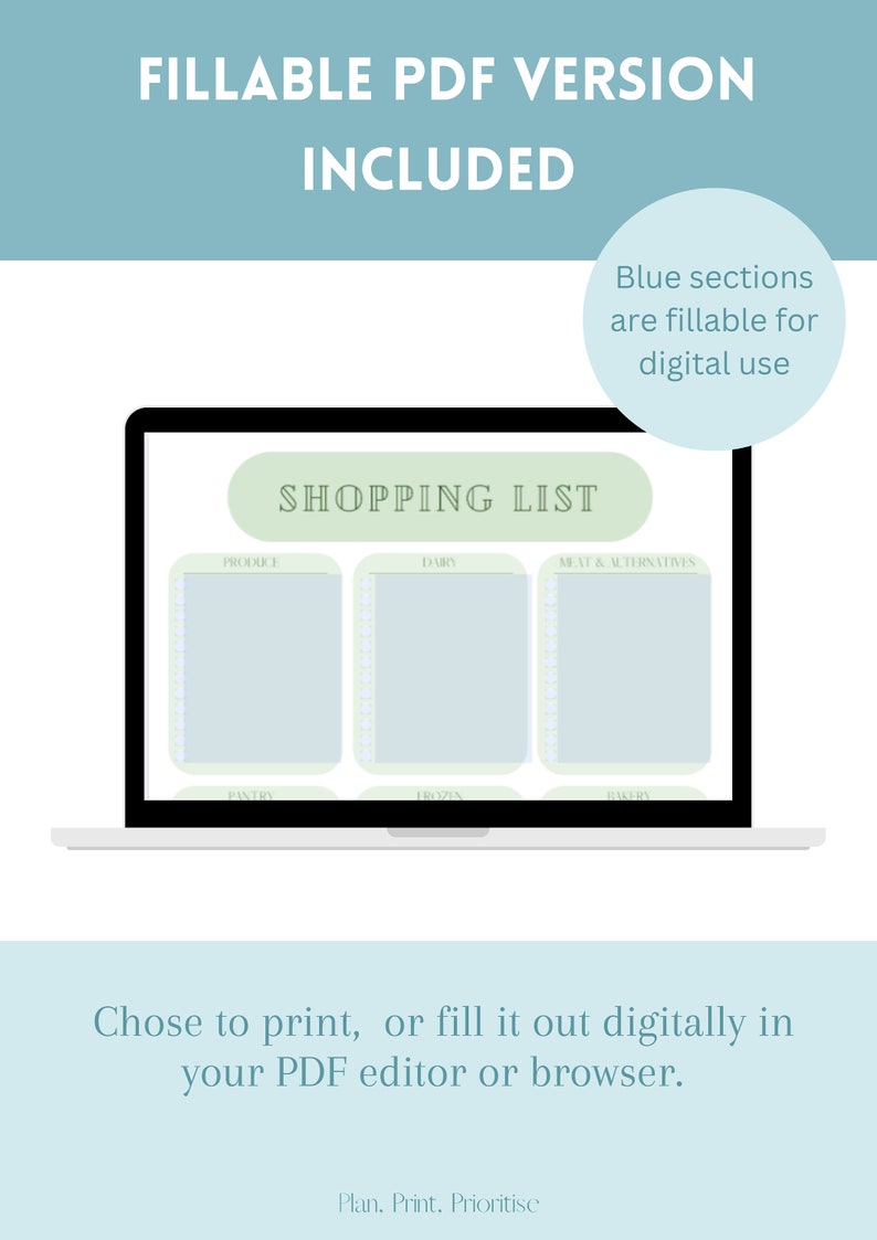 Grocery List Printable and Fillable PDF, Shopping List Download, 2023 ...