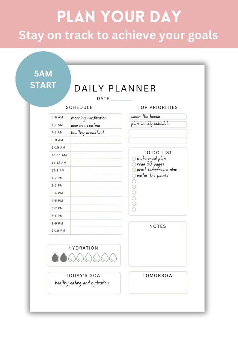 5am Daily Planner Printable and Fillable PDF, Basic Planner, Personal ...