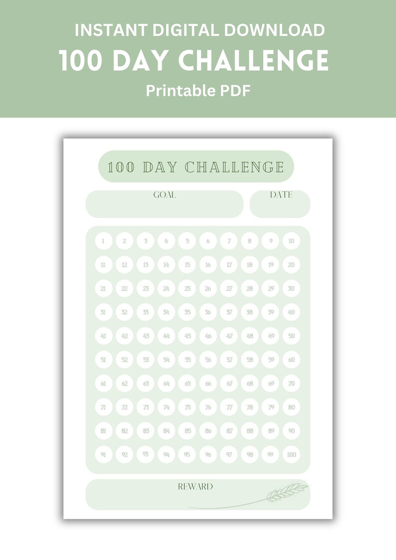 100 Day Challenge Printable PDF Download, Green Boho Planner, Personal ...
