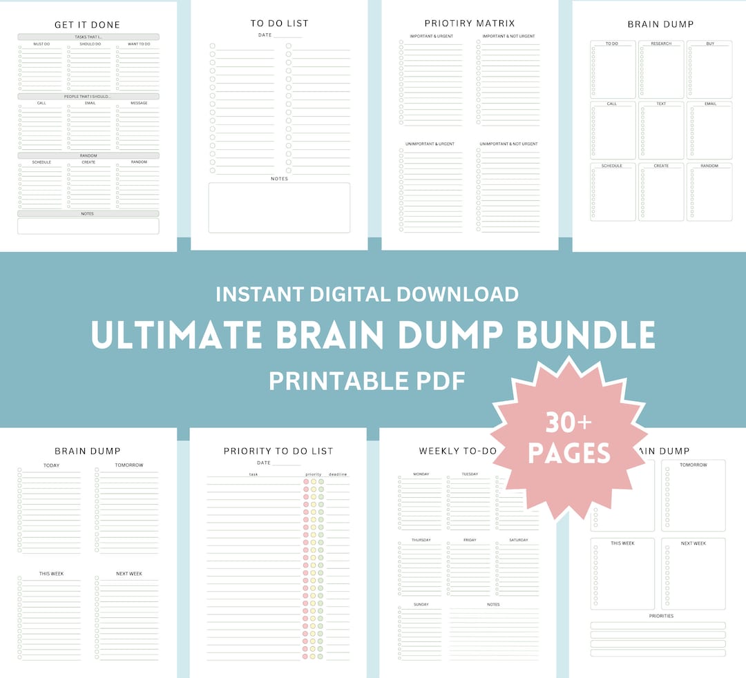 Brain Dump Bundle Printable PDF, Tasks List Template, Productivity ...