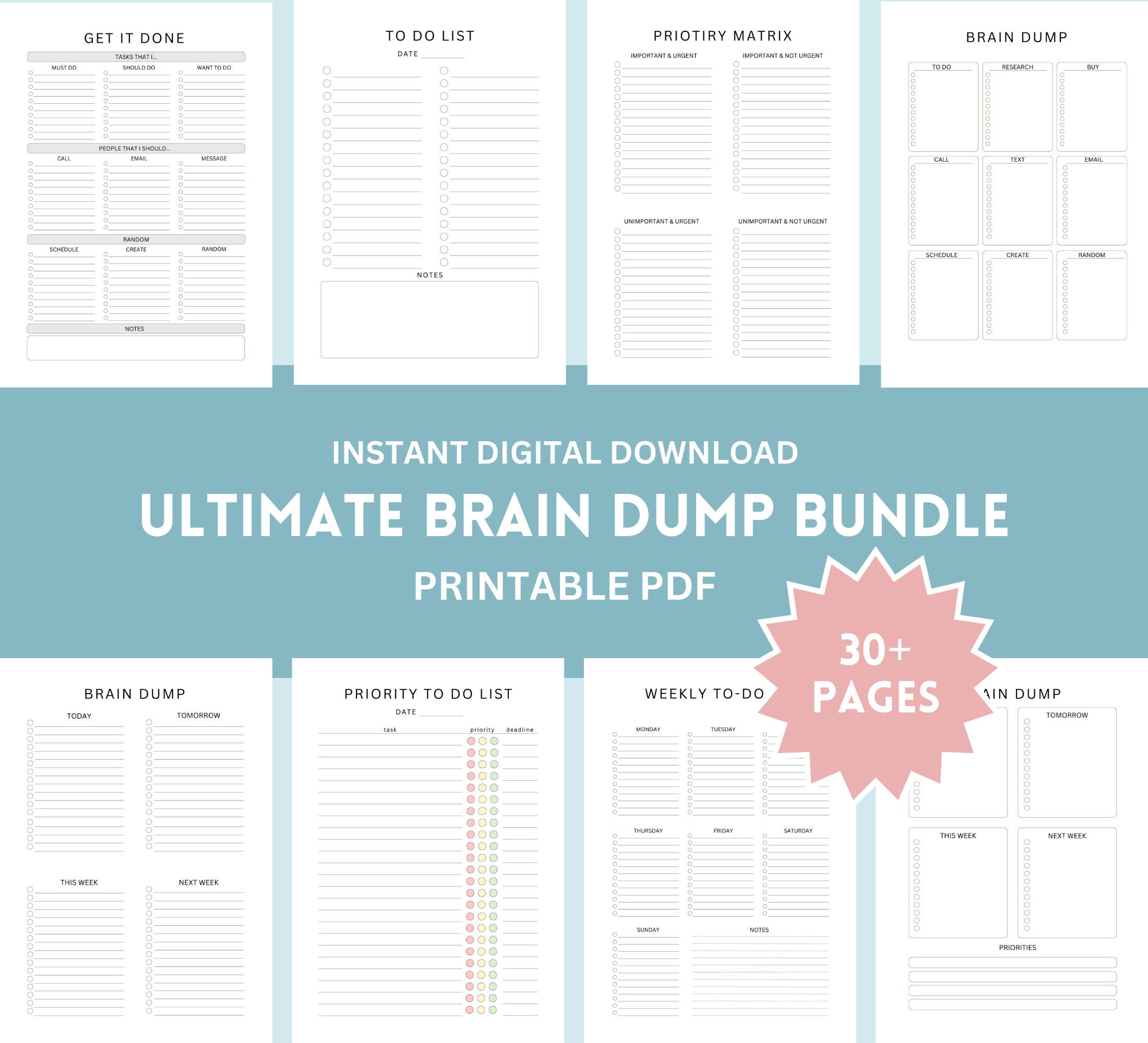 Brain Dump Bundle Printable PDF, Tasks List Template, Productivity ...
