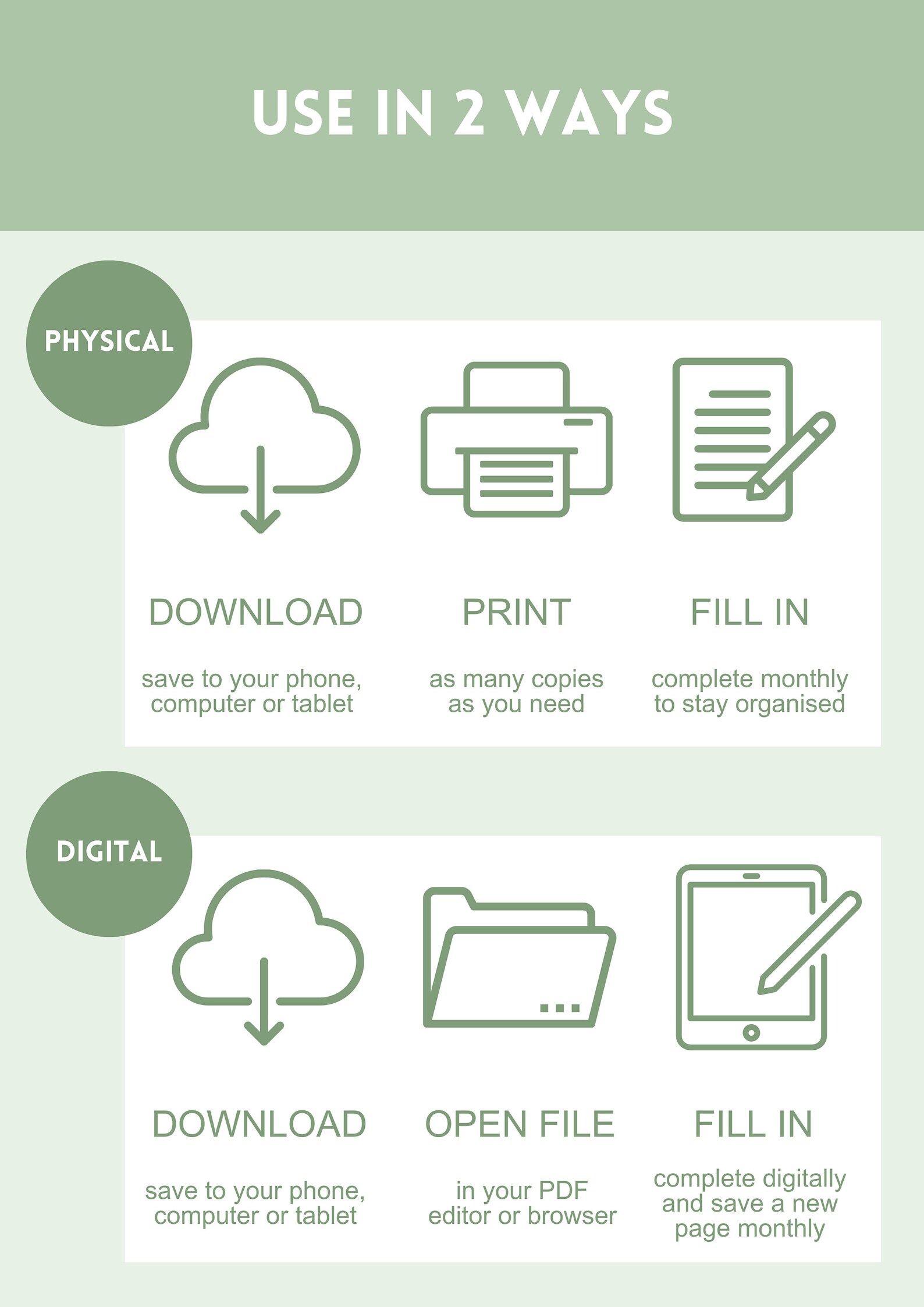 Monthly Plan Printable and Fillable PDF, Green Planner, Personal ...