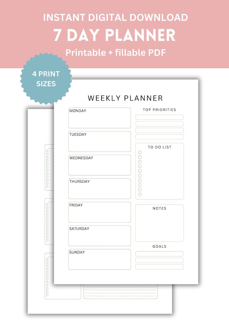 7 Day Planner Printable and Fillable PDF, Simple Planner, Personal ...