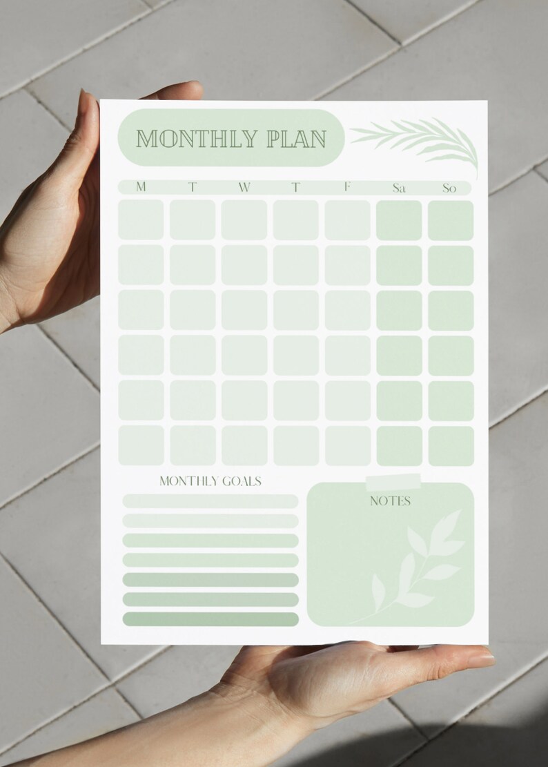 Monthly Plan Printable and Fillable PDF, Green Planner, Personal ...