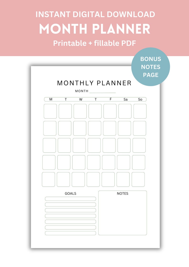 Month Planner Printable and Fillable PDF, Monthly Plan, Personal ...