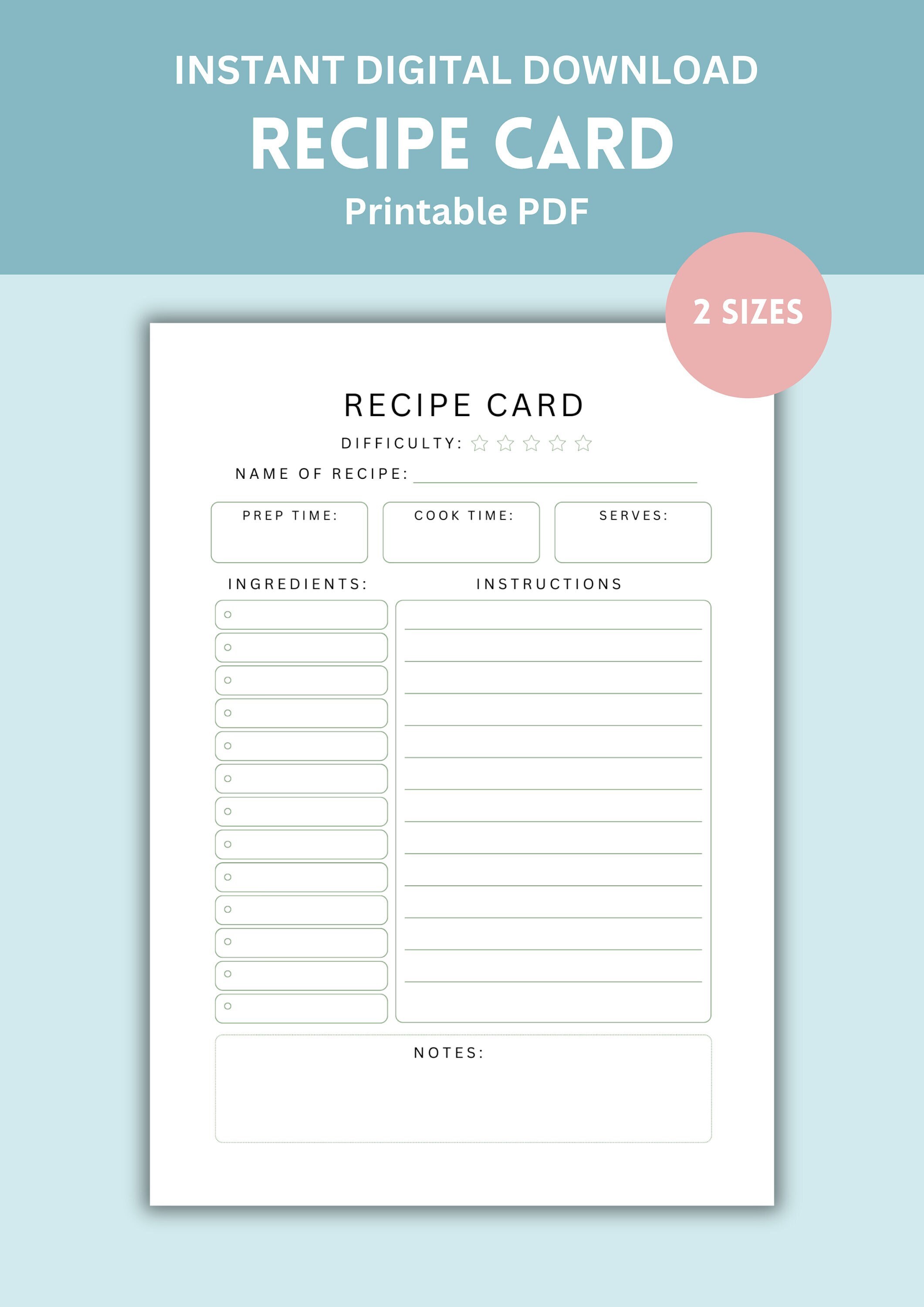 Recipe Sheet Template Printable PDF Download, Blank Recipe Card, Print ...