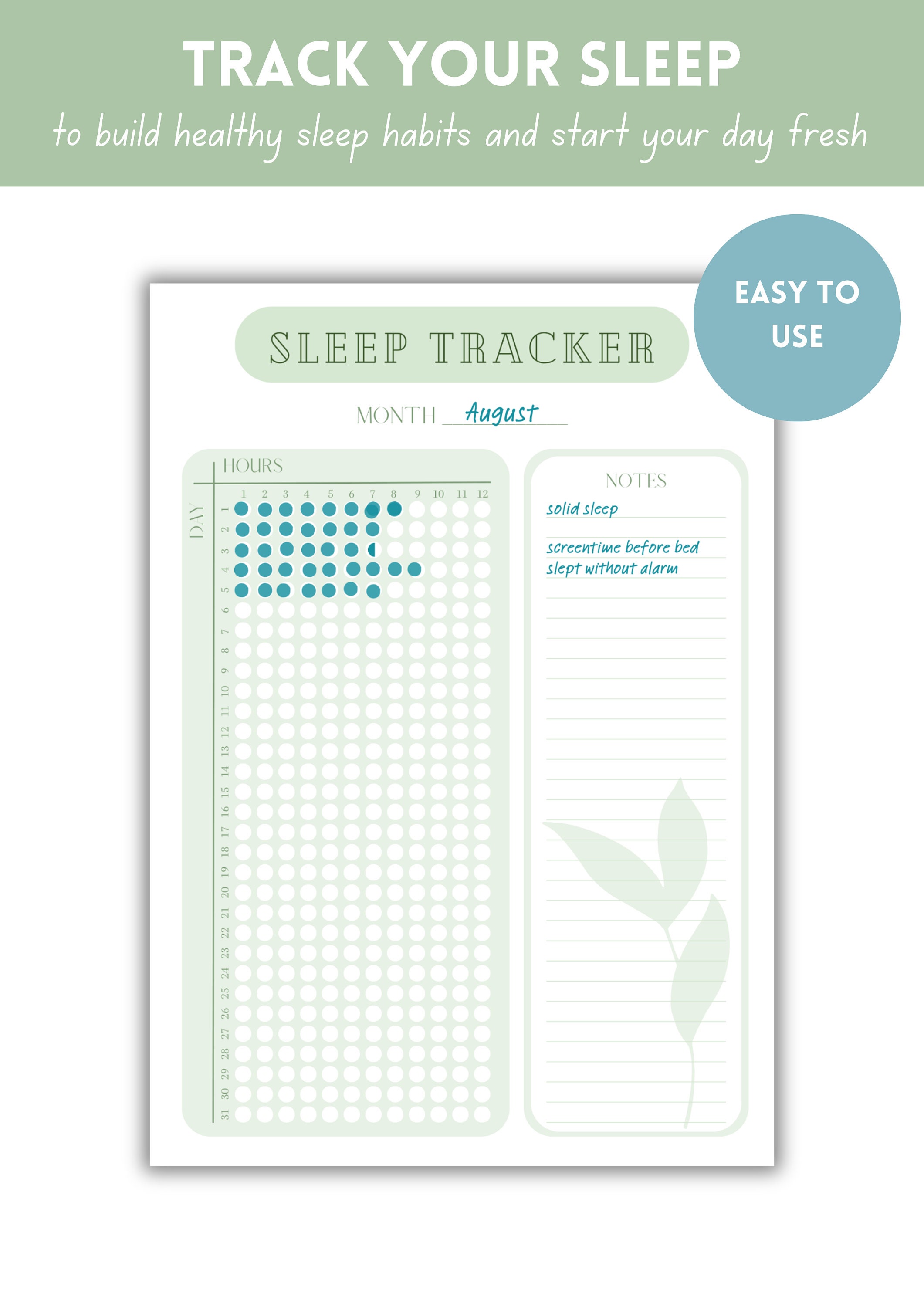 Sleep Tracker Printable PDF Download, Green Boho Planner, Monthly Sleep ...