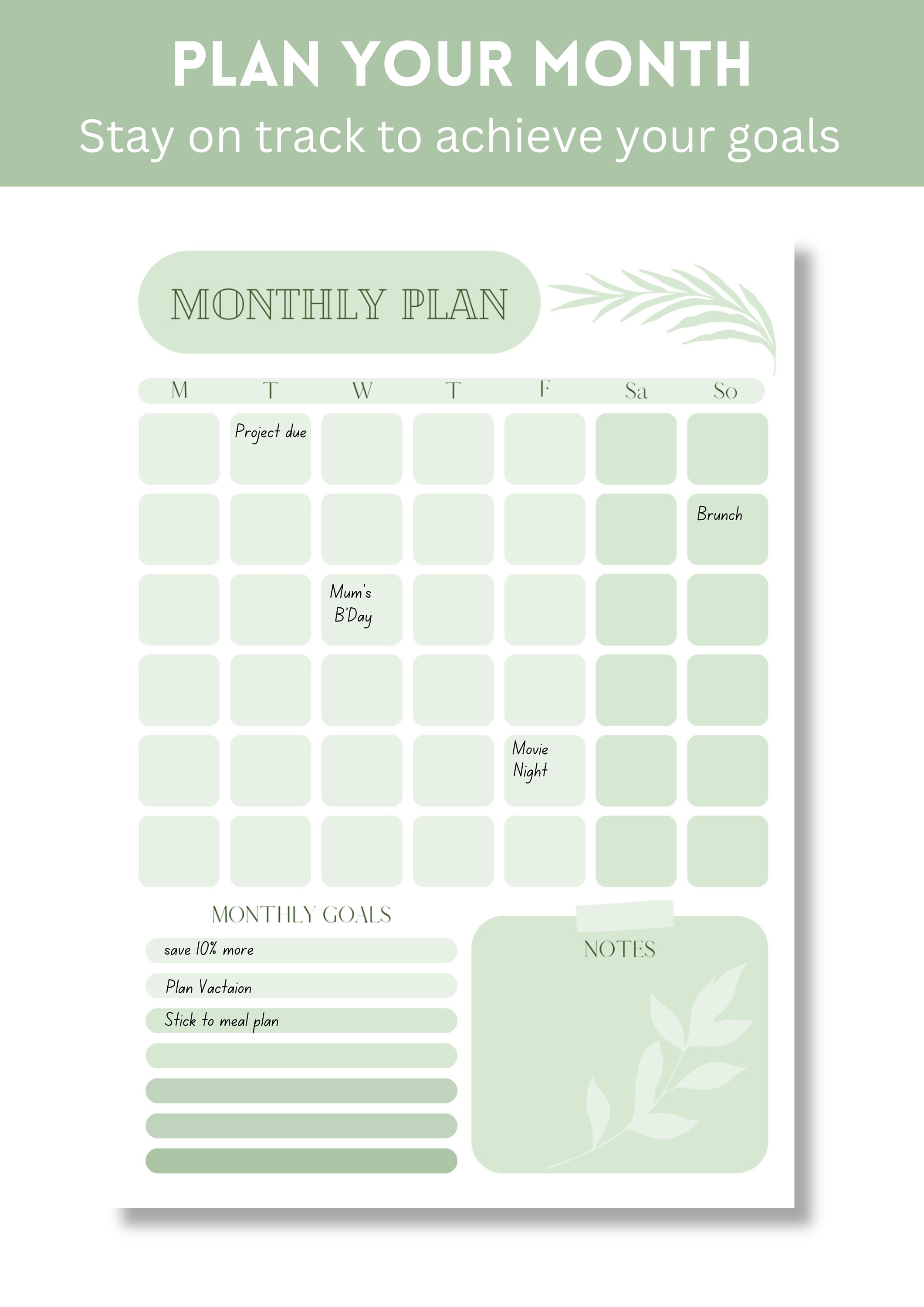 Monthly Plan Printable and Fillable PDF, Green Planner, Personal ...