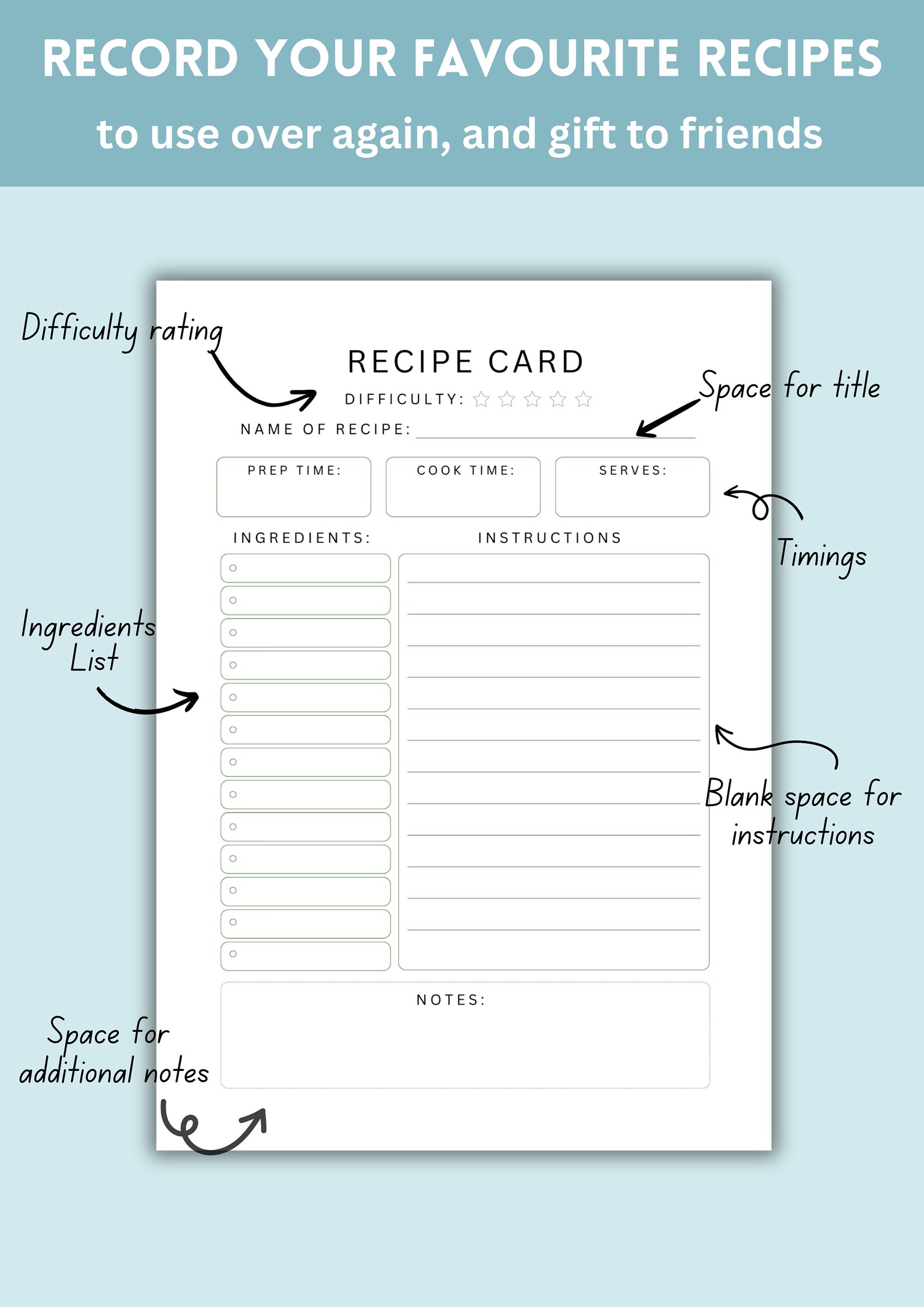 Recipe Sheet Template Printable PDF Download, Blank Recipe Card, Print ...