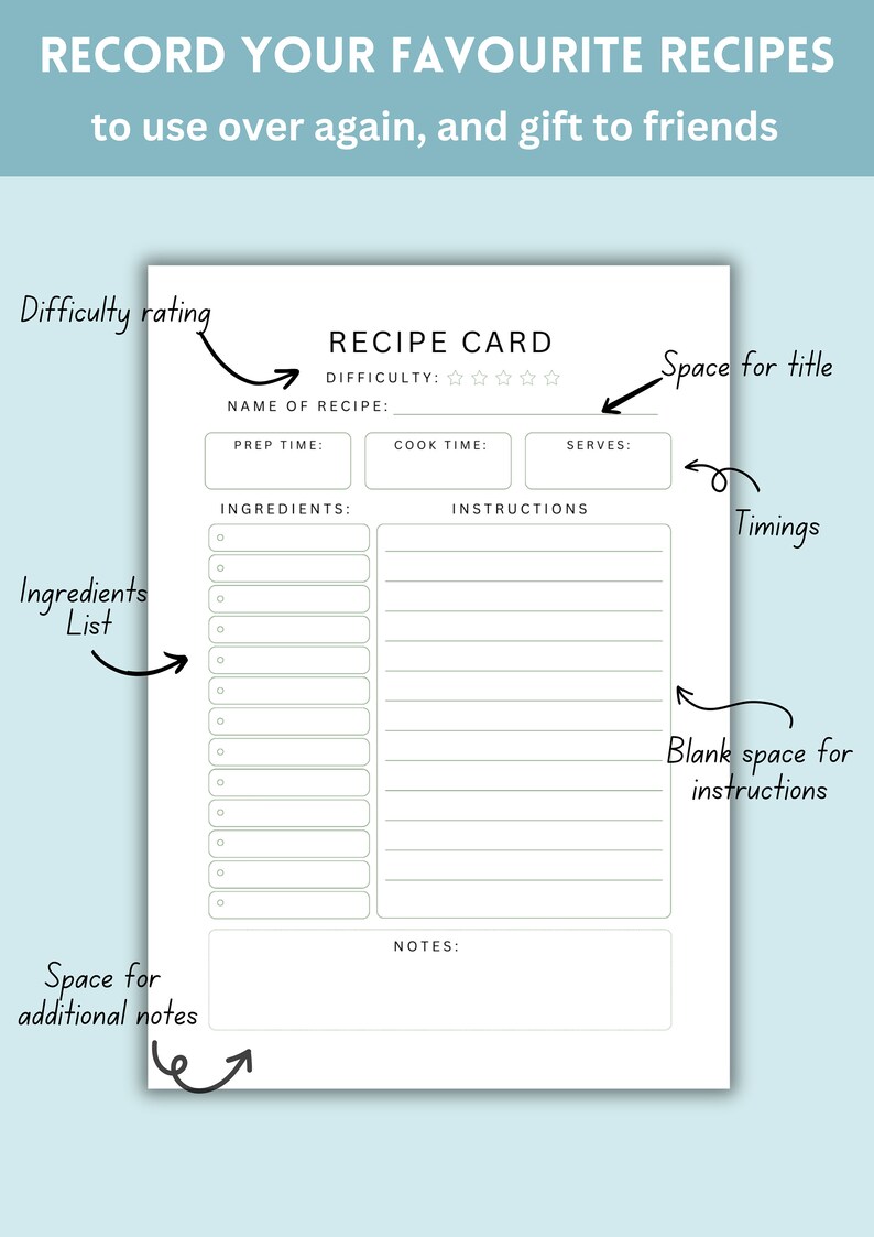 Recipe Sheet Template Printable PDF Download, Blank Recipe Card, Print ...
