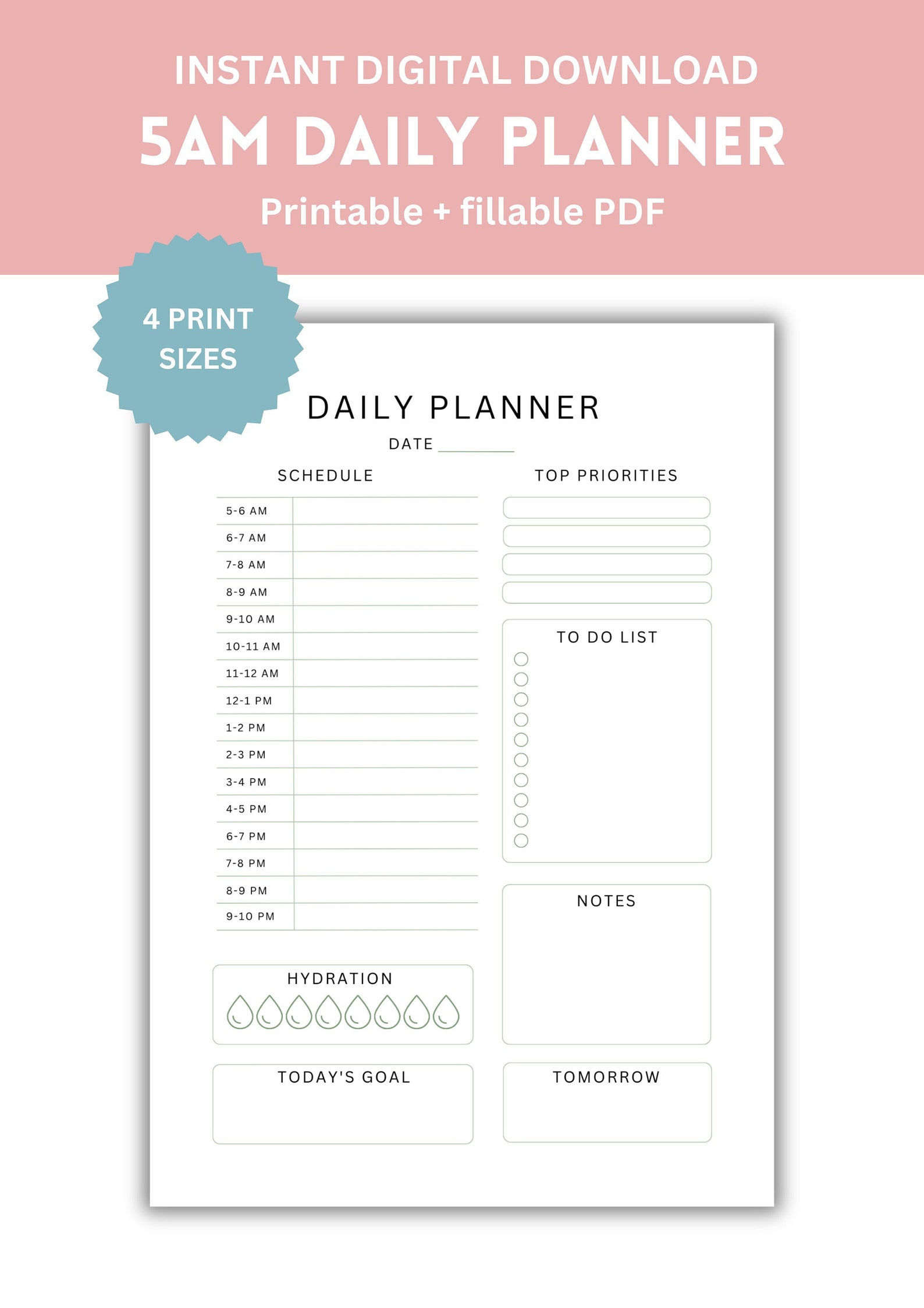 5am Daily Planner Printable and Fillable PDF, Basic Planner, Personal ...