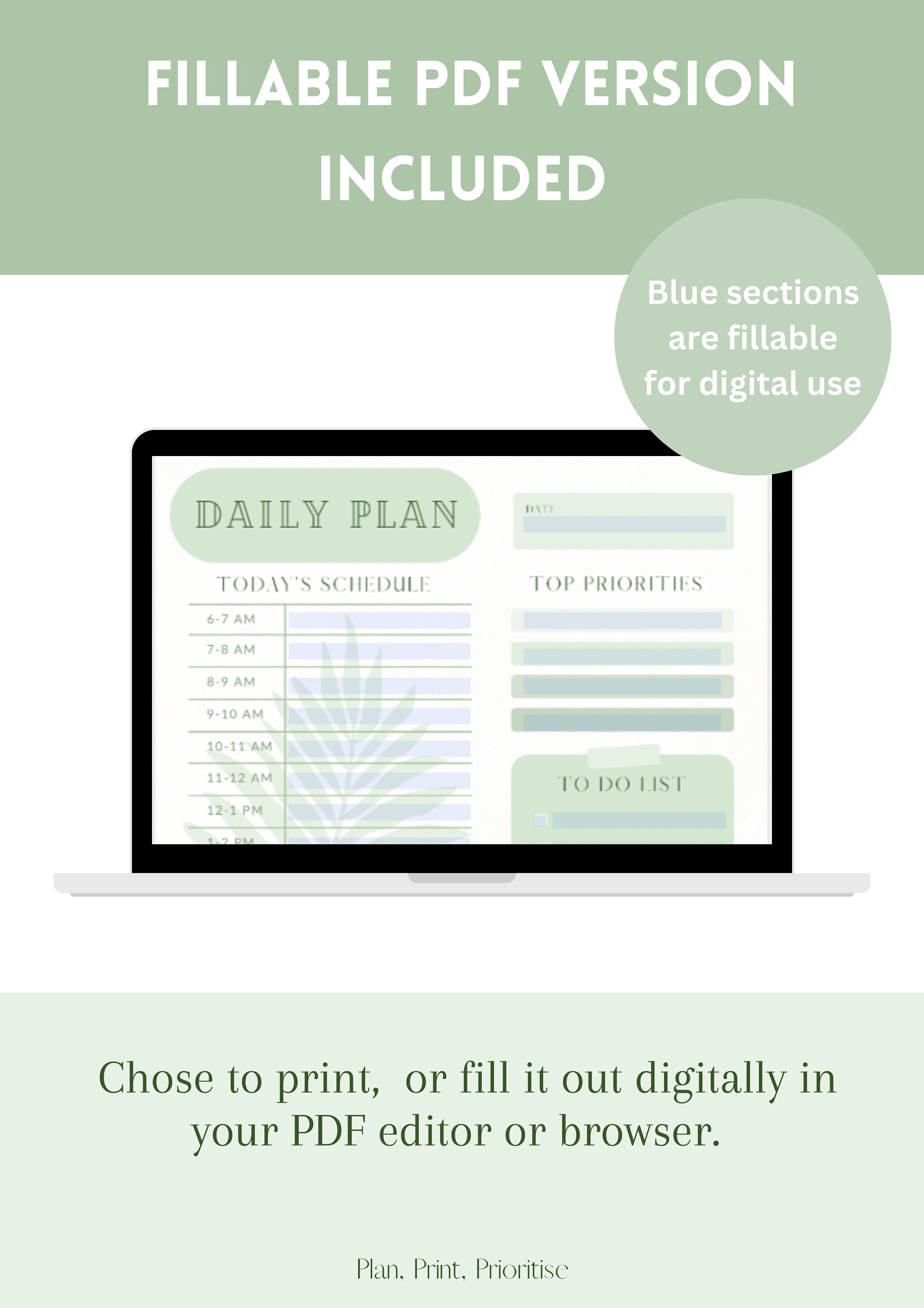 Daily Planner Printable and Fillable PDF, Green Planner, Personal ...