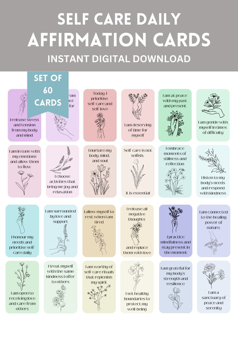 Daily Affirmation Cards Printable Pdf, Set of 60, Self Love, Self Care ...