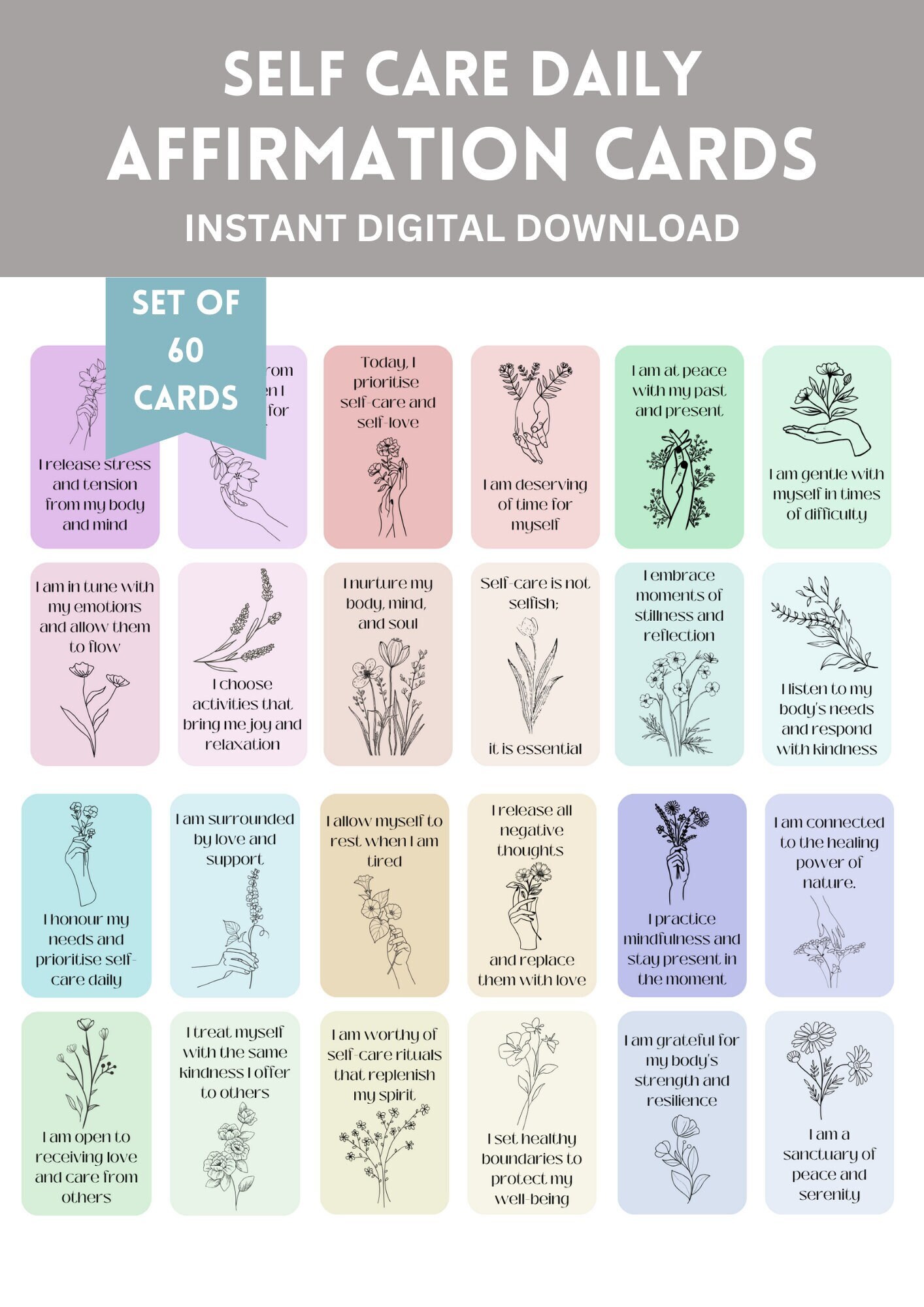 Daily Affirmation Cards Printable Pdf, Set of 60, Self Love, Self Care ...