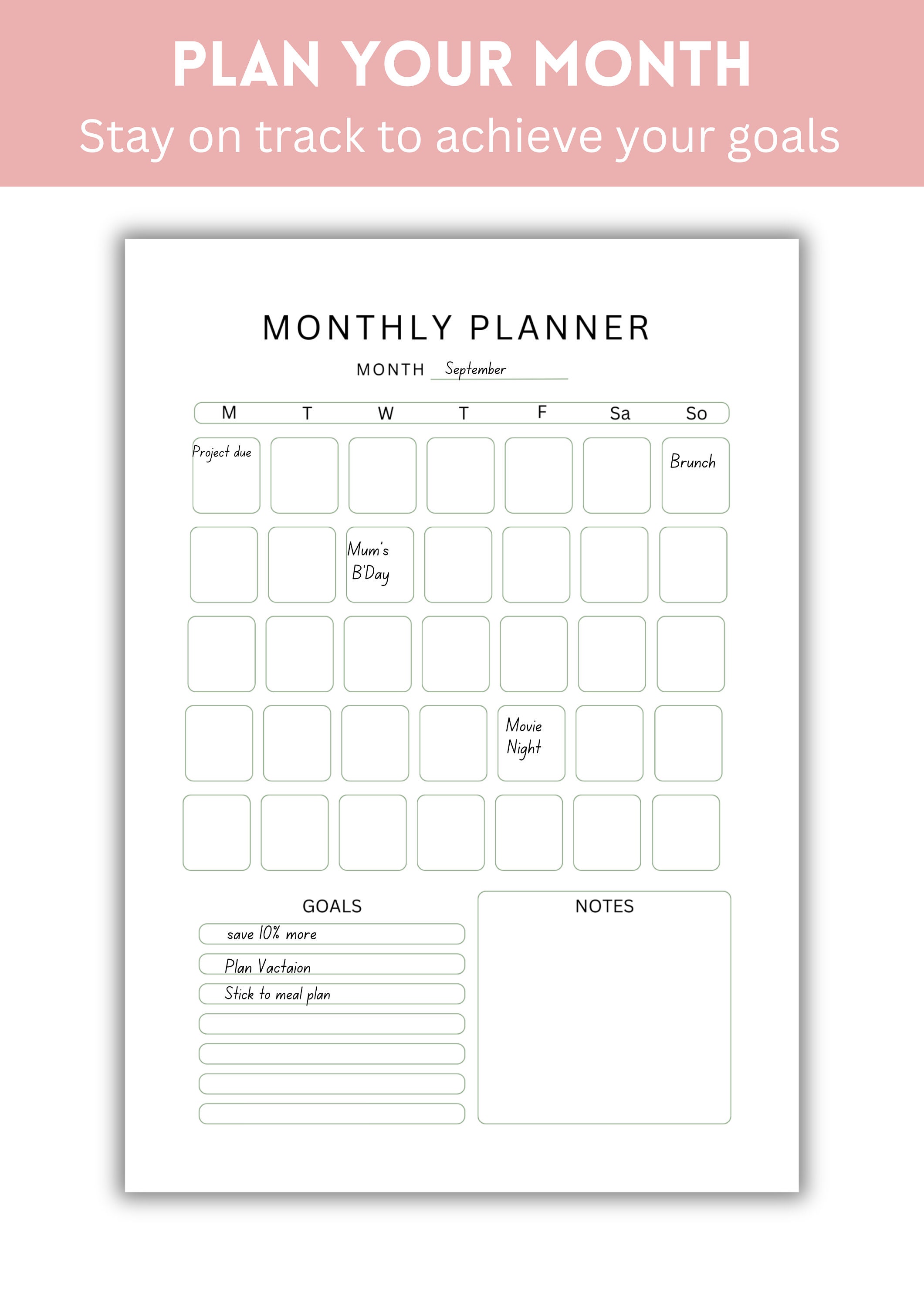 Month Planner Printable and Fillable PDF, Monthly Plan, Personal ...