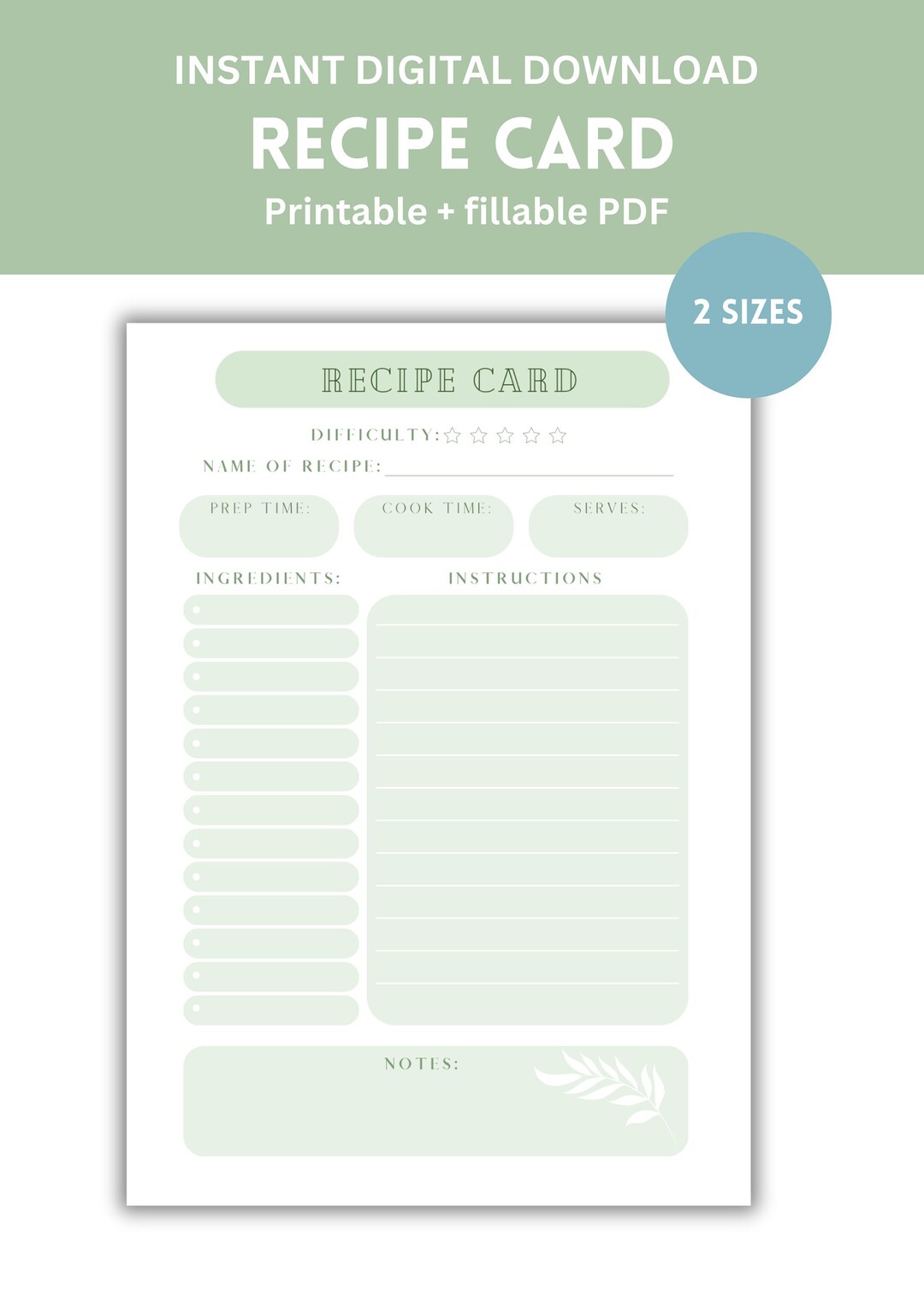 Sage Green Recipe Card Template: Fillable Printable (A4/US Letter) - Etsy