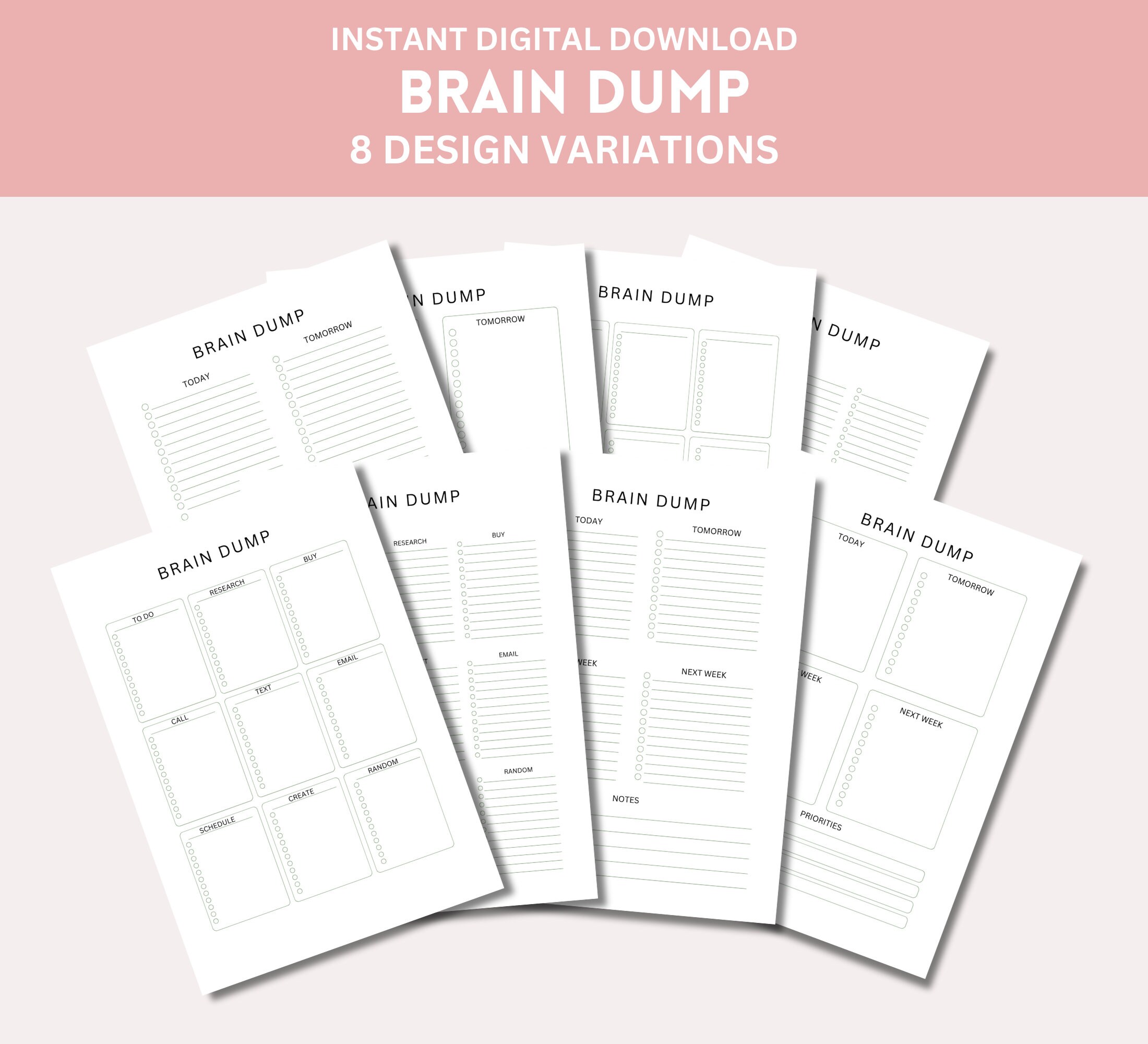 Brain Dump Bundle Printable PDF, Tasks List Template, Productivity ...