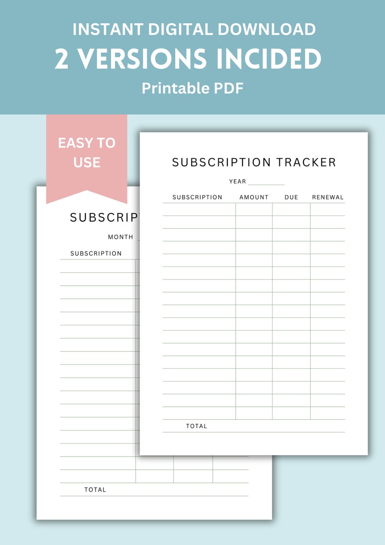 Subscription Tracker Printable Pdf Download, Monthly Subscriptions List ...