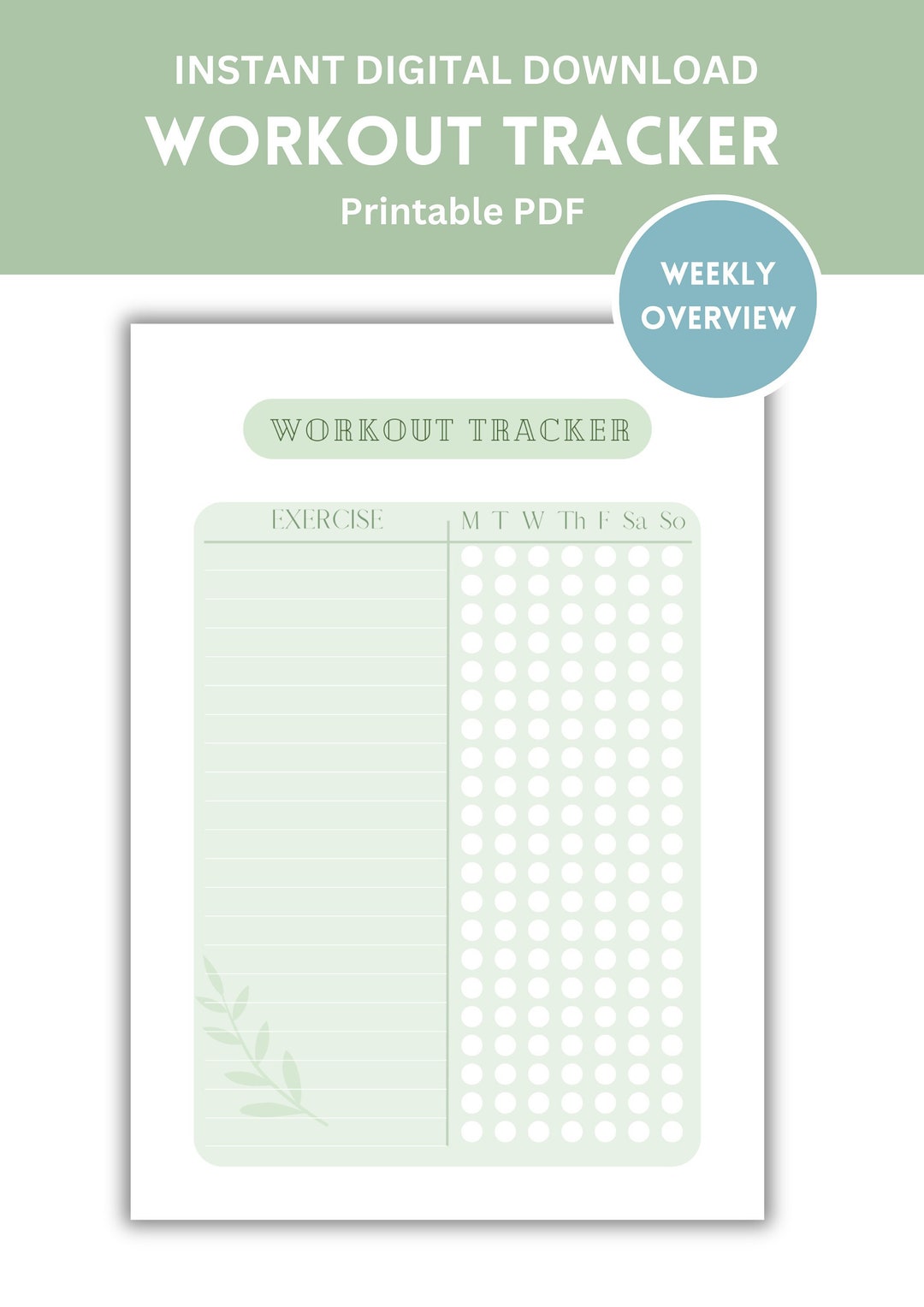 Workout Tracker Printable PDF Download, Green Boho Planner, Weekly ...