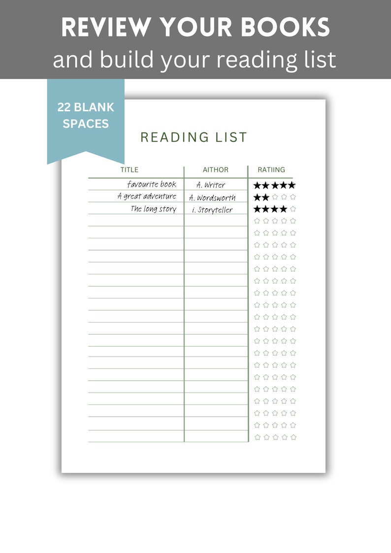 Book Review Reading List, Printable and Fillable PDF Versions, Kids ...