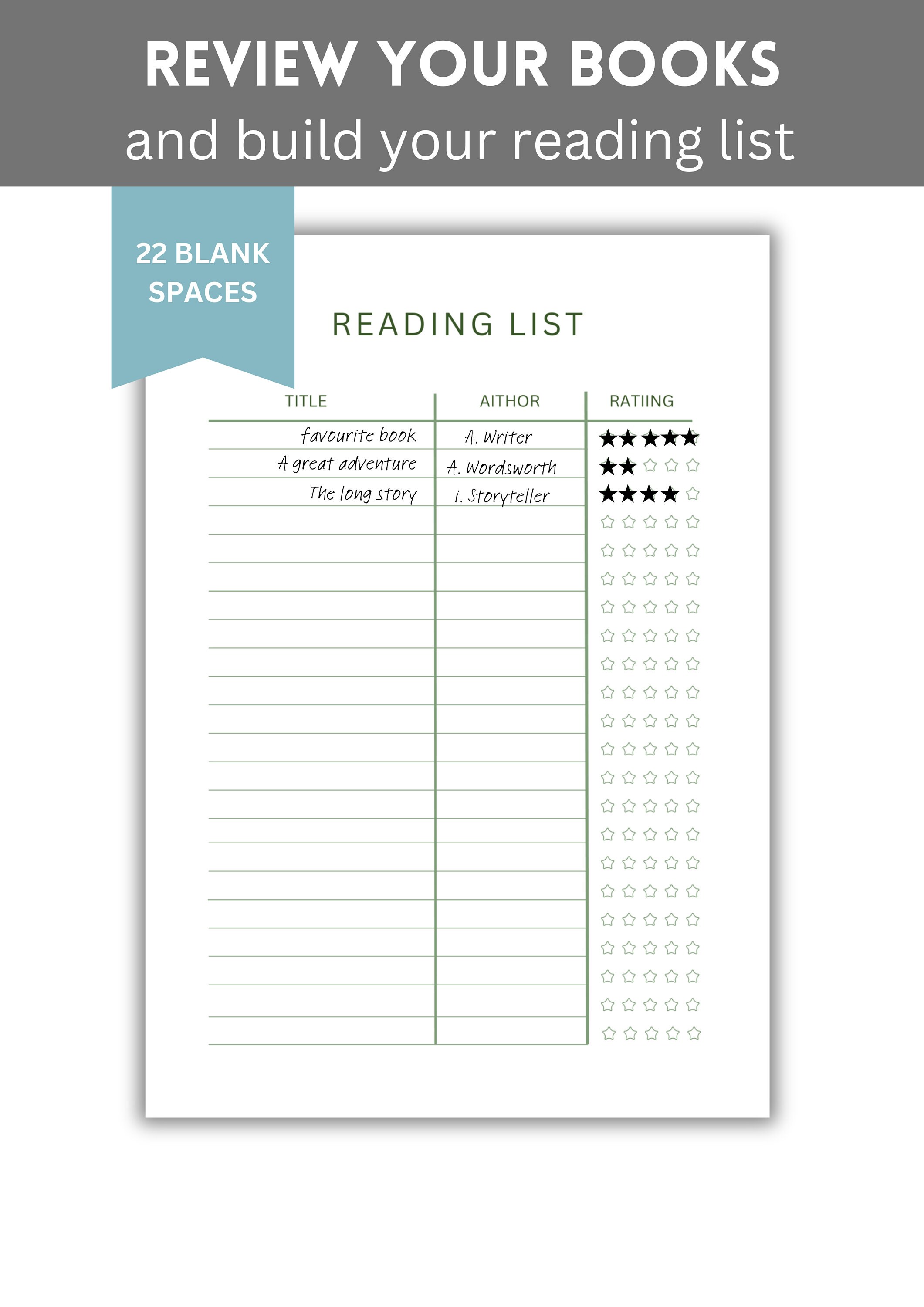 Book Review Reading List, Printable and Fillable PDF Versions, Kids ...