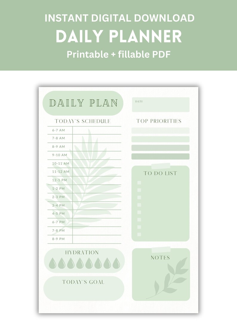 Daily Planner Printable and Fillable PDF, Green Planner, Personal ...