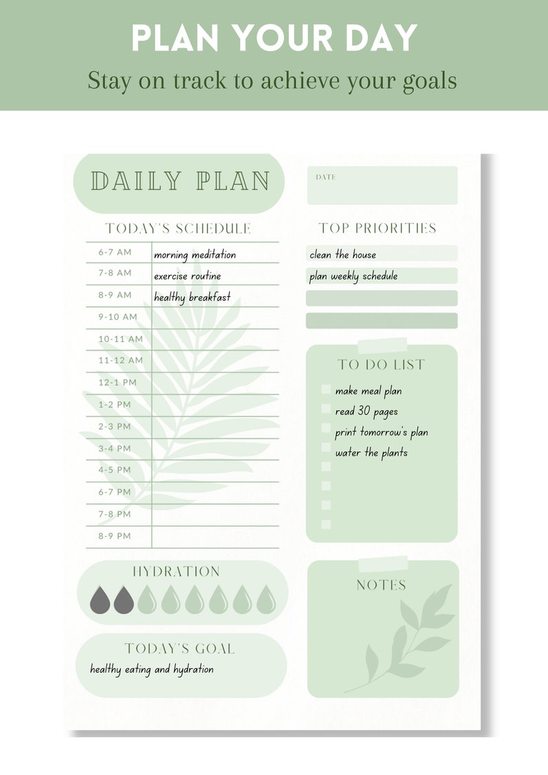 Daily Planner Printable and Fillable PDF, Green Planner, Personal ...